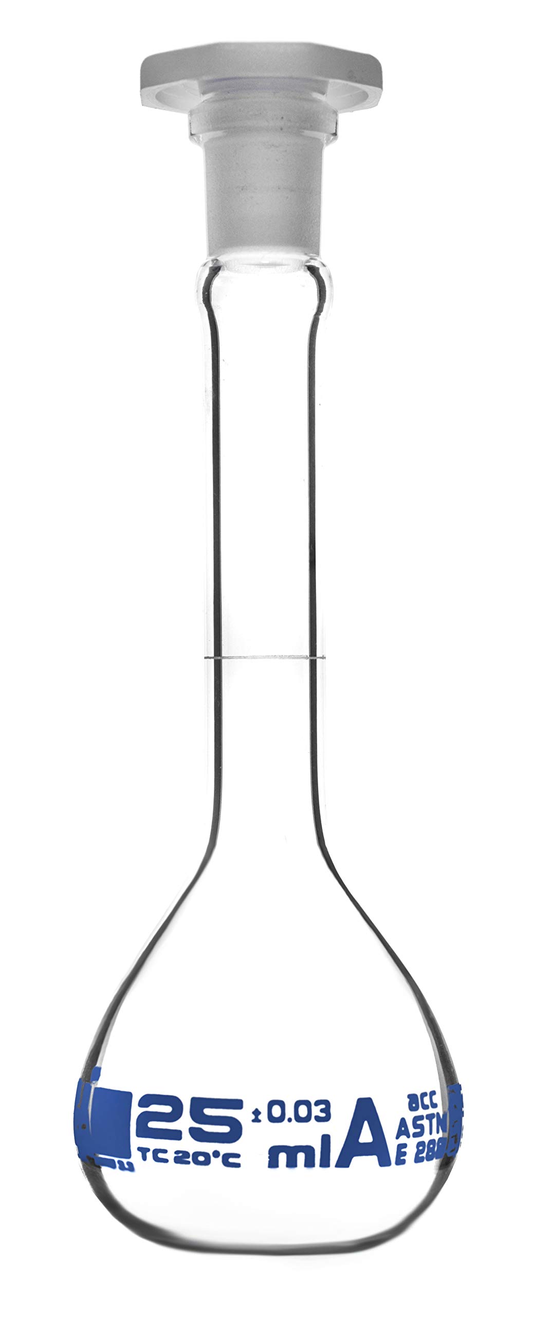 Volumetric Flask, 25ml - Class A, ASTM - Tolerance Âą0.03ml - Polypropylene Stopper - Single, White Graduation - Borosilicate Glass - Eisco Labs