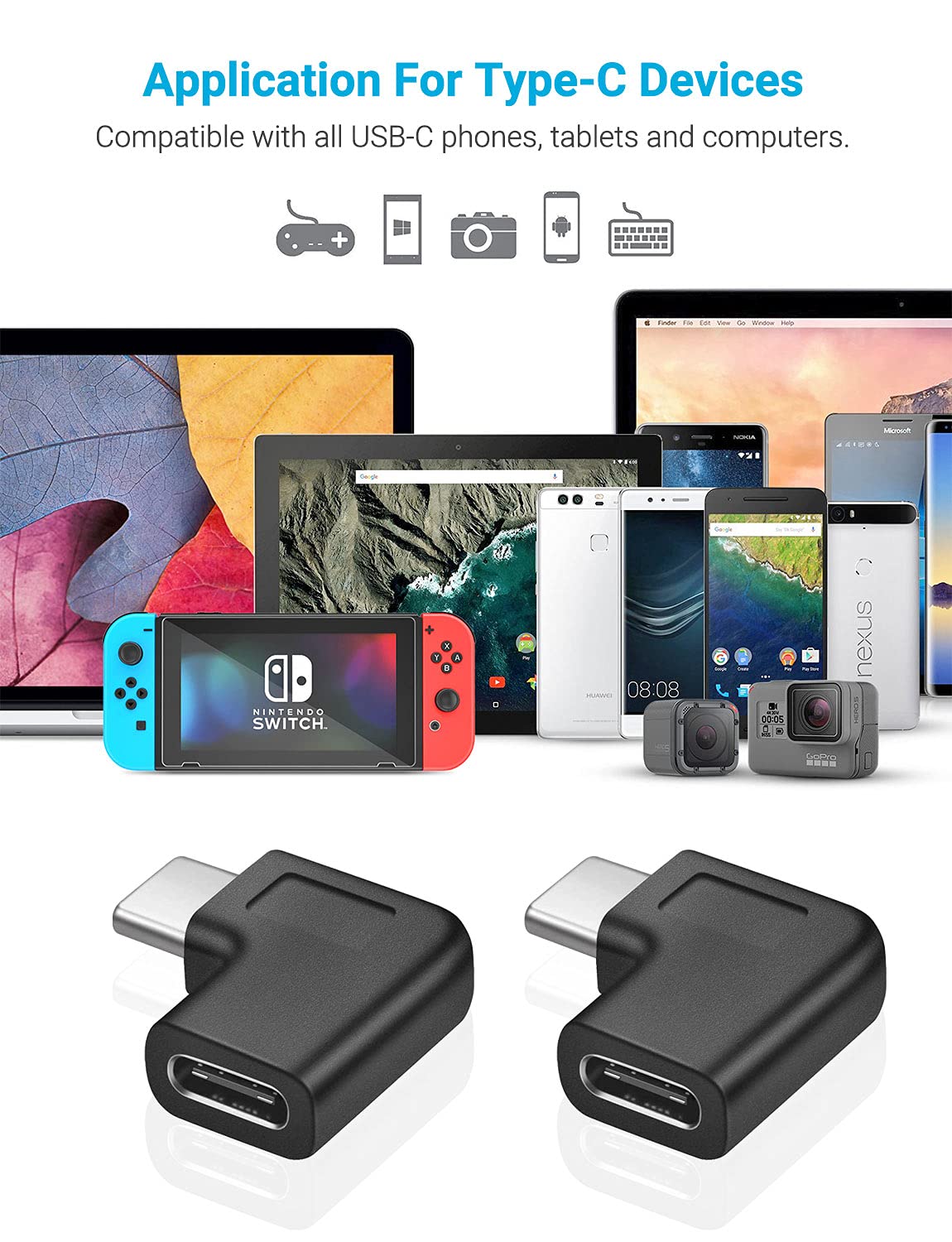 URWOOW USB C Right Angle Adapter,90 Degree USB C to USB Type-C Male to Female Adapter Convertor Extension, for Laptop & Tablet & Mobile Phone (2 Pack).