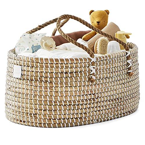 BEBE BASK Baby Diaper Caddy Organizer - Handmade Organic Seagrass - Luxury Diaper Caddy Basket - Cute Diaper Caddy for Baby Girl & Diaper Caddy for Baby Boy - Cream White (Natural)