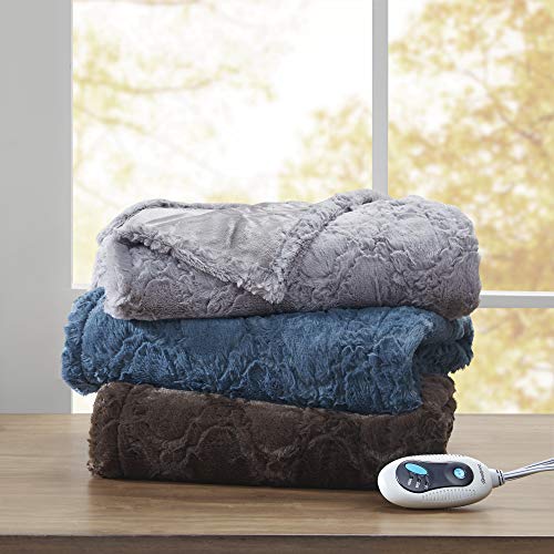 Beautyrest Brushed Long Fur Electric Throw Blanket Ogee Pattern Warm and Soft Heated Wrap with Auto Shutoff, 50 in x 60 in, Sapphire Blue