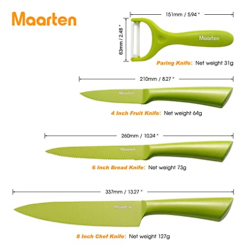 Maarten Kitchen Knives Set - 4 Piece Stainless Steel Chef Knife Set with Sheath - Boxed Knife Sets Gifts for Family (Green)