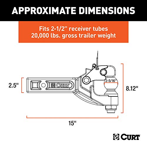 CURT 48012 Pintle Hitch with 2-5/16-Inch Trailer Ball, Fits 2-1/2-Inch Receiver, 20,000 lbs, 15-Inch Length