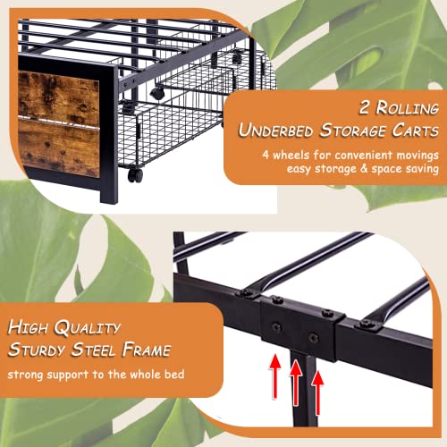 WAYTRIM Twin Size Platform Bed Frame, Twin Bed Frame with Wooden Headboard and Footboard, Mattress Foundation/13 Metal Slat Support/2 Rolling Underbed Cart/No Box Spring Needed- Antique Brown