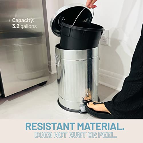 AWENN - Kitchen Garbage Trash Can with Lid and Pedal - Touchless Round Shape Waste Bin - Galvanized Iron Dustbin for Kitchen, Bathroom, Office and Outdoors (3.2 Gallon β 12 Liters)