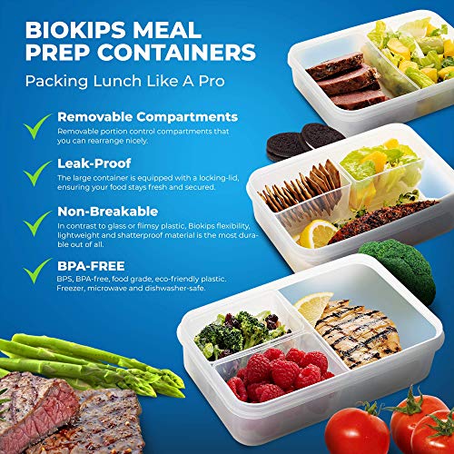 Komax Biokips Set of 5 Lunch Containers β 3 Compartment Food Container for Meal Prep, Portion Control β Microwave & Dishwasher Safe Bento Box Adult Lunch Container w/Locking Lid (37 oz)