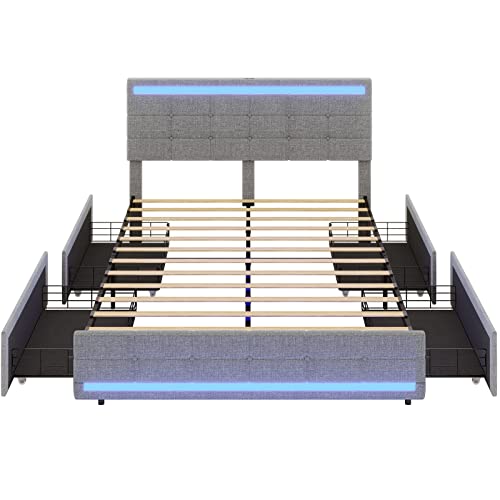 ADORNEVE Queen Bed Frame with LED Lights Headboard Footboard, Platform Bed Frame with 4 Drawers and 2 USB Charging Station, LED Bed Frame with Storage, No Box Spring Needed, Light Grey