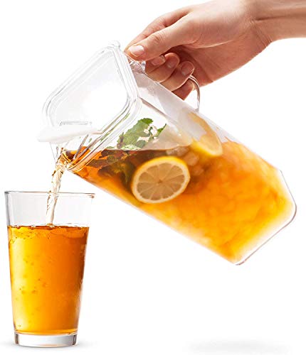 Komax Large Plastic Water Pitcher with Lid Square Water Carafe with Lids β BPA-Free, Dishwasher Safe Plastic Pitcher β Water, Tea, or Juice Containers with Lids for Fridge (2.3 Liters)