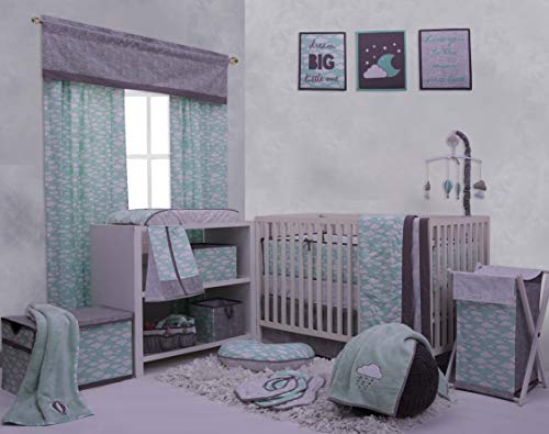 Bacati Clouds in The City Hamper with Wooden Frame, Mint/Grey