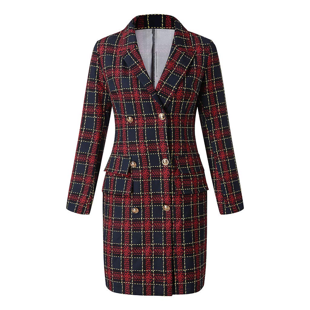 F_Gotal Womens Dresses Double Breasted Plaid Button Front Business Pencil Style Long Dress for Work Casual Party Cocktail Red
