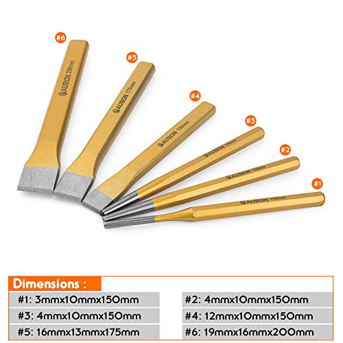 Acrux7 6 Pcs Cold Chisel Set - Flat Chisel, Center Chisel, Cylindrical Chisel, with Canvas Bag, Cone Chisel for Brickwork, Concrete, Metal, Stone