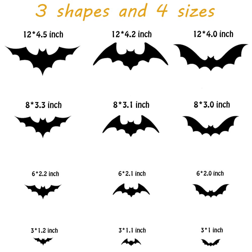 36 Pcs Halloween 3D Scary Black Bat Stickers, 3 Different Shapes Extra Large PVC Bat Wall Decals for Home DIY Wall Window Decorations Halloween Eve Party Supplies