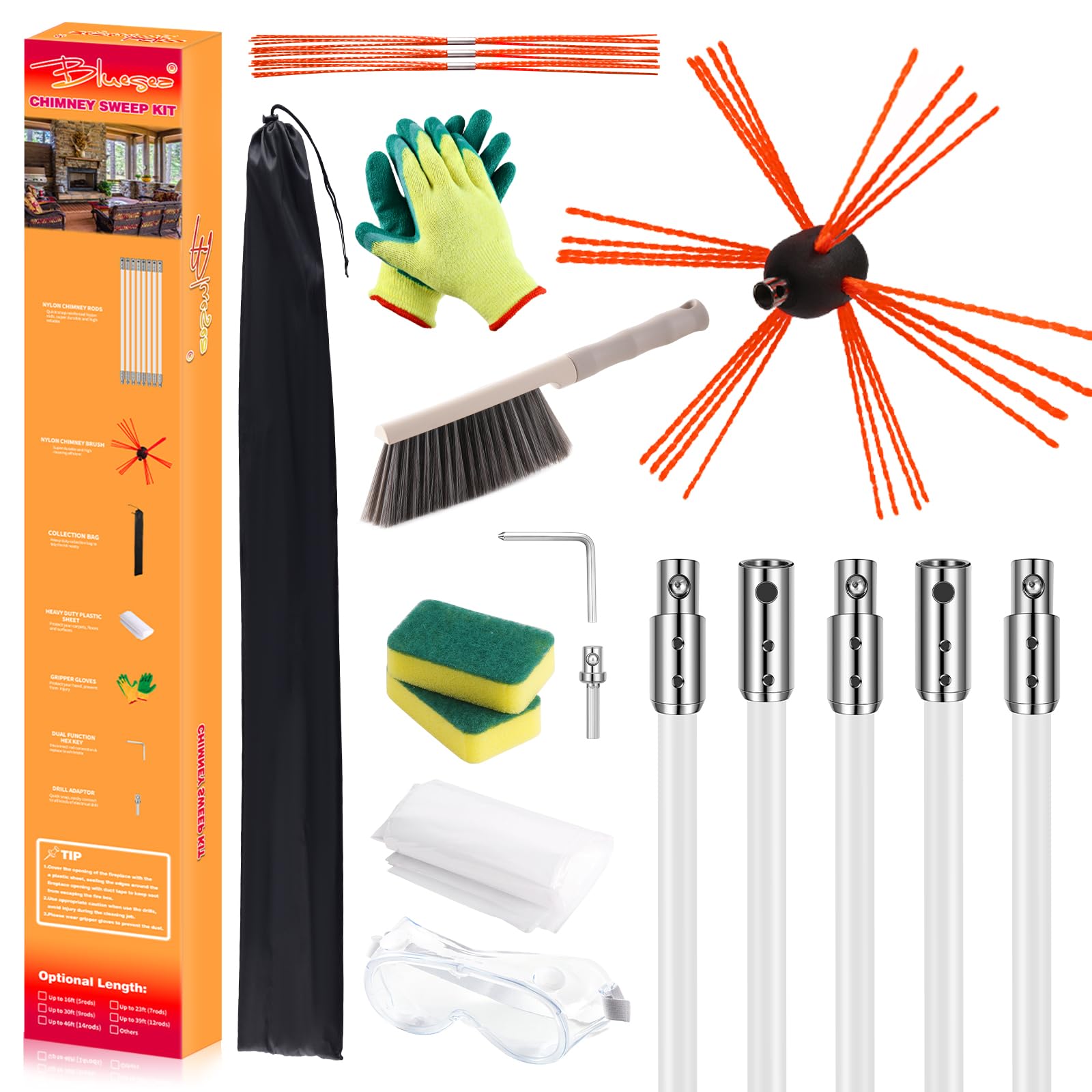 Bluesea 16 Feet Chimney Sweep Kit, Ergonomic Chimney Cleaning Kit, Extends Up to 16 Feet, Chimney Cleaner, Chimney Cleaning Tools, Chimney Cleaning System with Strong Brush, 5 Flexible Chimney Rods