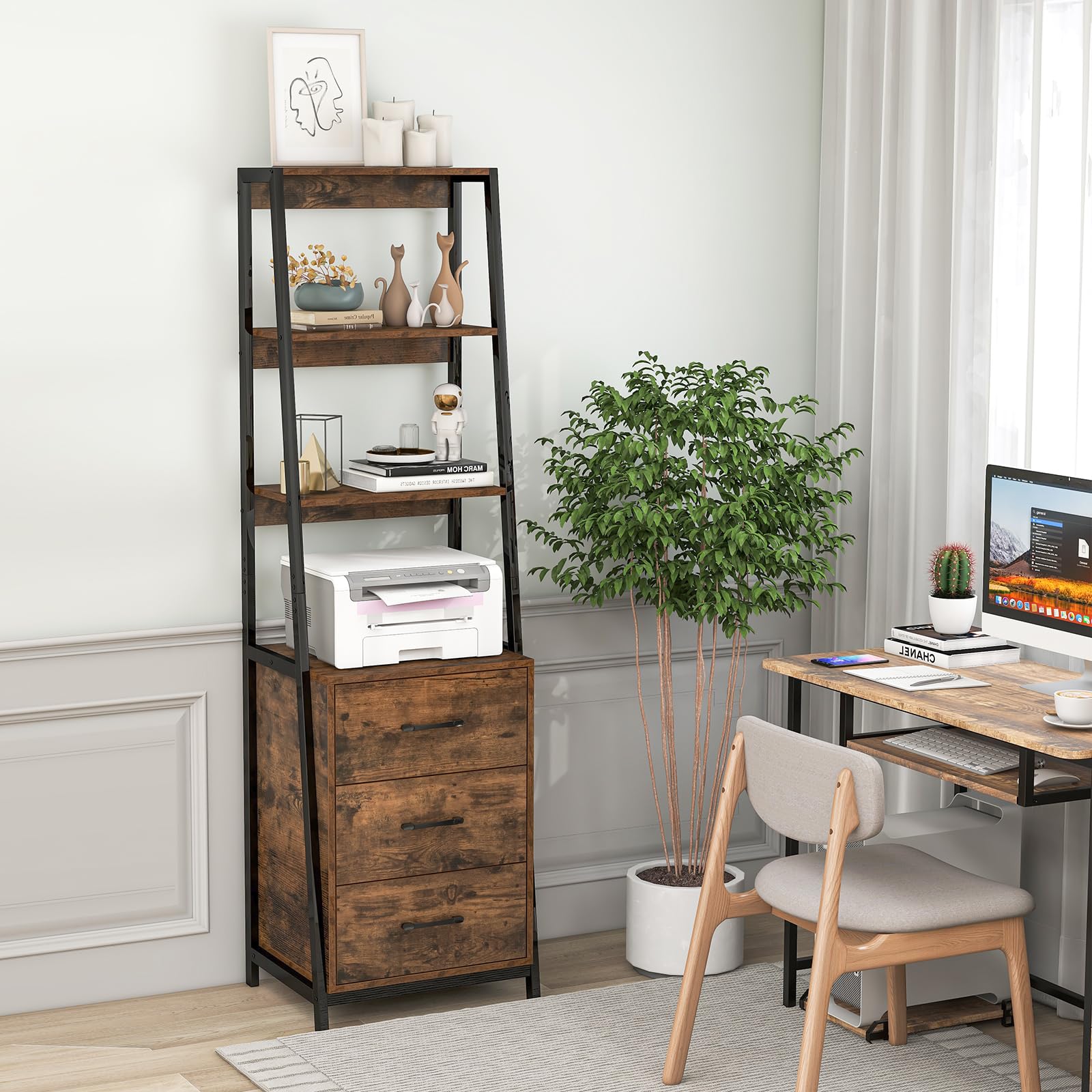 Giantex Ladder Bookshelf with Drawers, 69" Tall Wooden Bookcase with 4 Shelves, Modern Book Shelf Storage Organizer Unit, Freestanding Display Shelving Rack for Living Room, Bedroom (Rustic Brown)