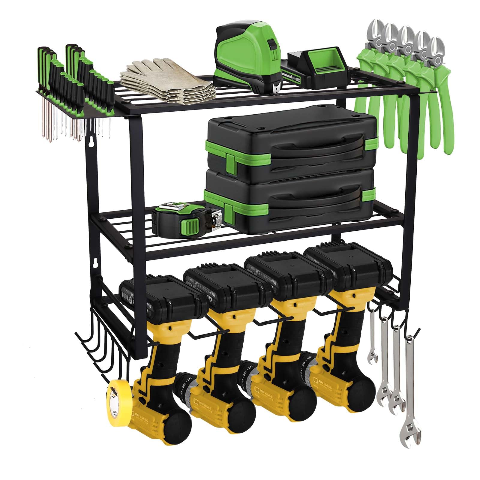 ShineMe Garage Tool Organizer Wall Mount, Heavy Duty Power Tool Organizer with 4 Drill Holders, 3 Layer Multifunctional Metal Storage Rack for Workshop, Garage, Tool Room
