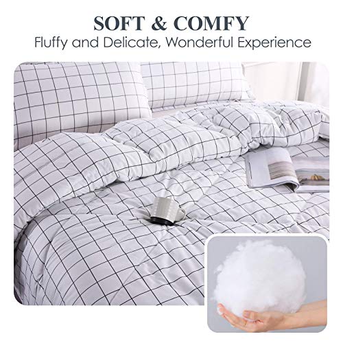 Andency White Grid Comforter Set Twin Size (66x90 Inch), 2 Pieces(1 Grid Comforter and 1 Pillowcase), Summer Lightweight Microfiber Down Alternative White Comforter with Black Lines for Kids Girls