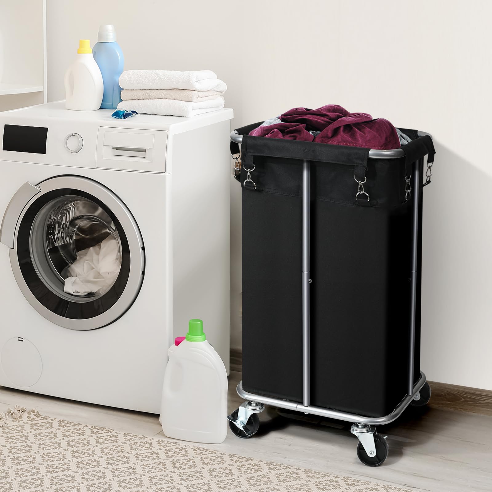 Laundry Basket with Wheels, Rolling Laundry Hamper with Removable Bag, 100L Laundry Sorter Cart, Narrow Slim Clothes Hamper Organizer with Sturdy Metal Frame, Beige