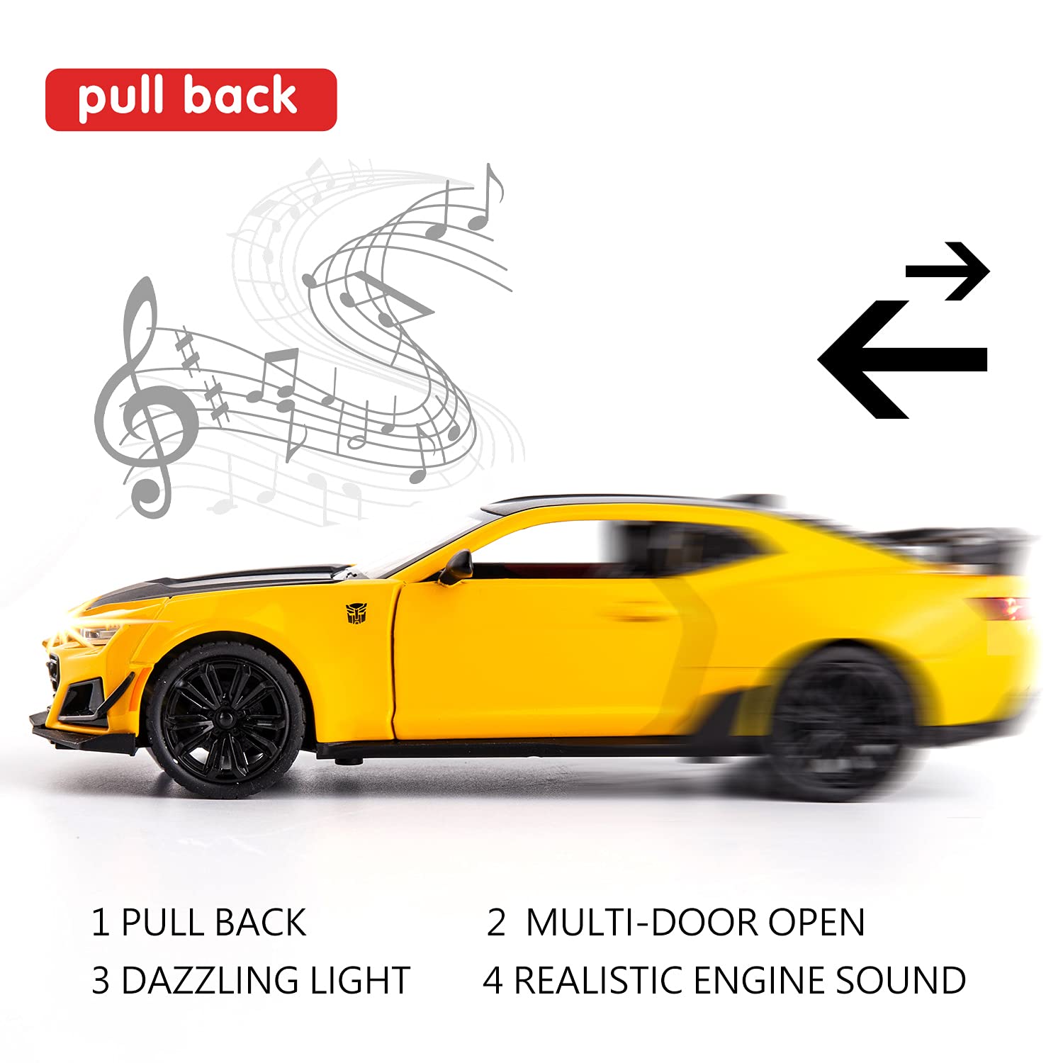 BDTCTK 1/24 Camaro Bumblebee Car Model Toy Zinc Alloy Casting Pull Back Car Sound and Light Toys for Kids Boy Girl Gift (Yellow)