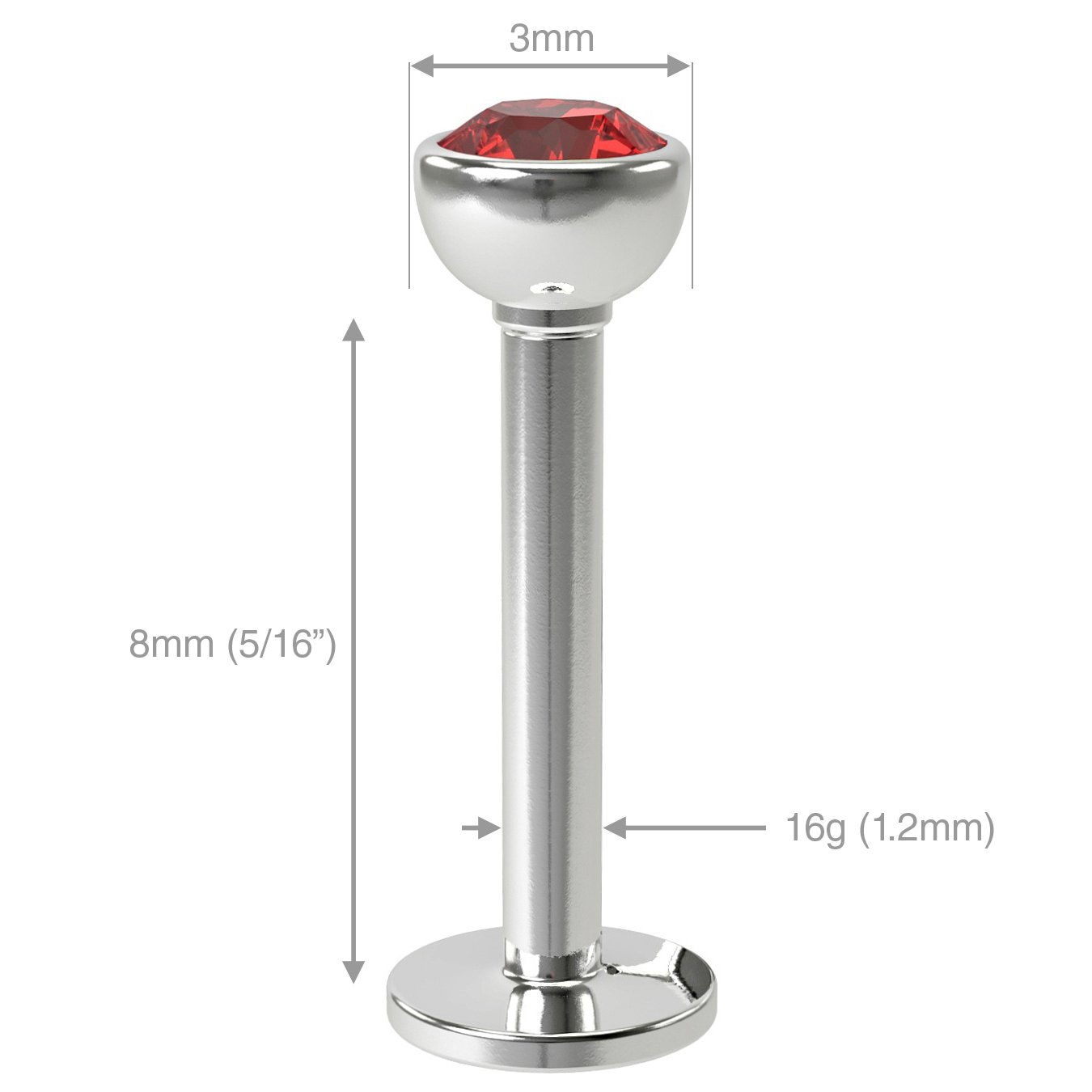2pc 16g Surgical Steel Labret Monroe Lip Ring 3mm Red Gem Tragus Earring Stud Piercing Jewelry 8mm