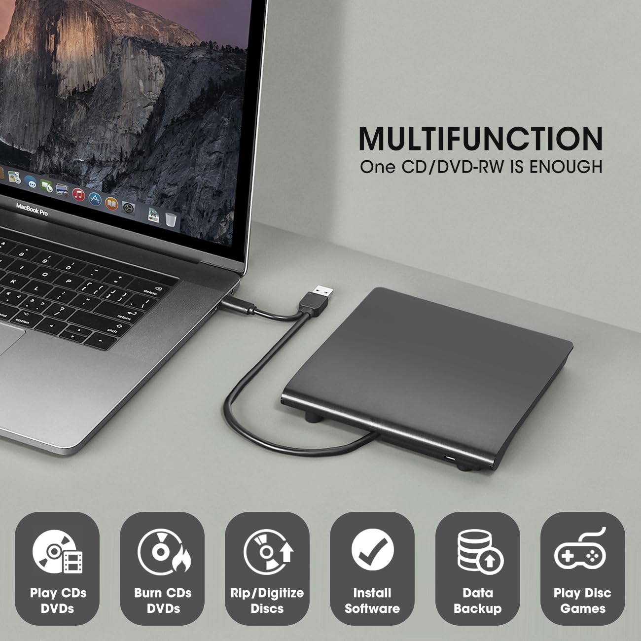 ROOFULL External CD DVD +/-RW Drive USB 3.0 & USB-C Portable CD/DVD ROM Player Burner Reader Writer Rewriter Optical Disc Drive for Laptop Desktop PC, Windows 11/10/8/7, Apple Mac, Linux OS