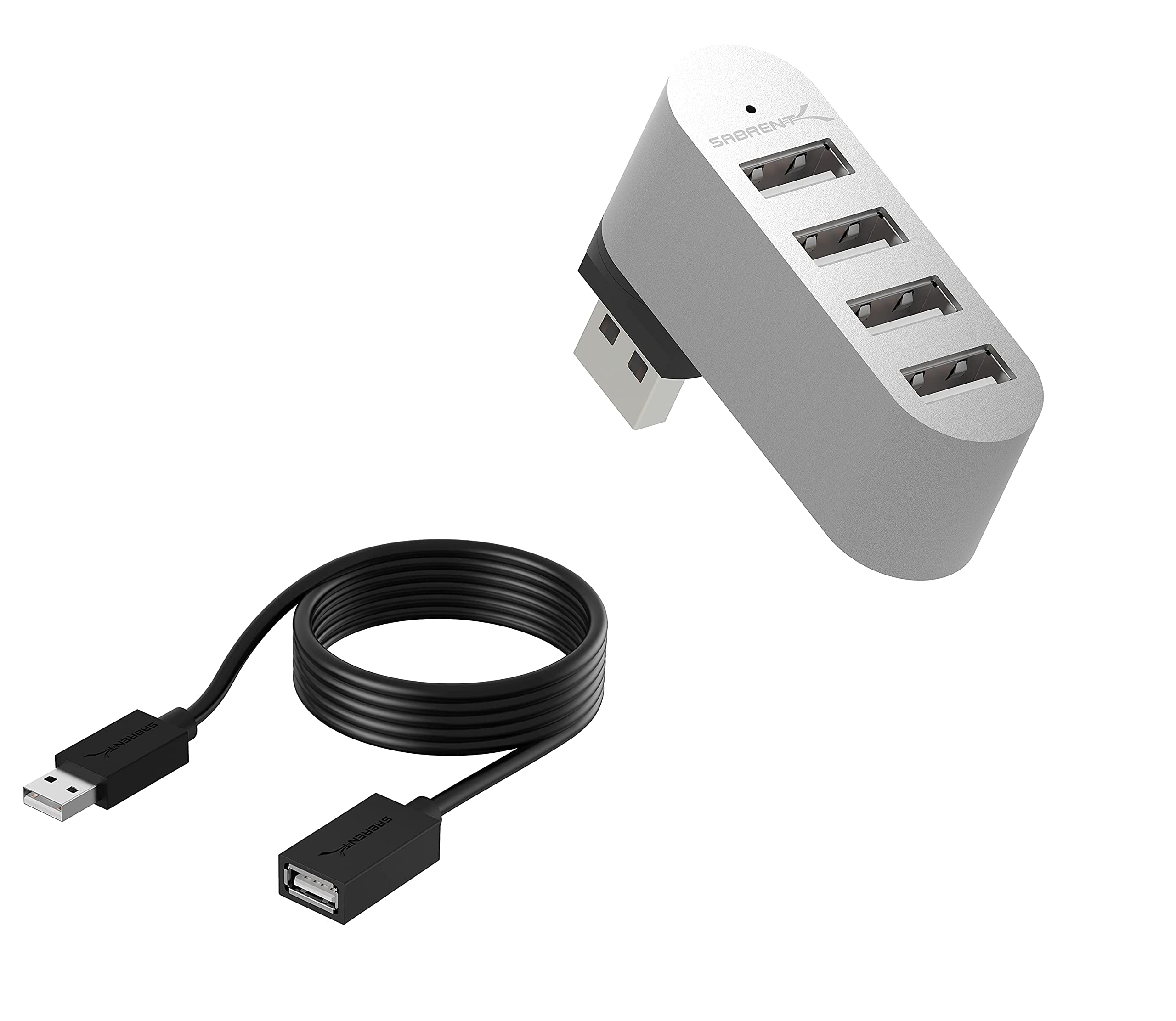 SABRENT Premium 4 Port Aluminum Mini USB 2.0 Hub + 22AWG 6 Feet USB 2.0 Extension Cable