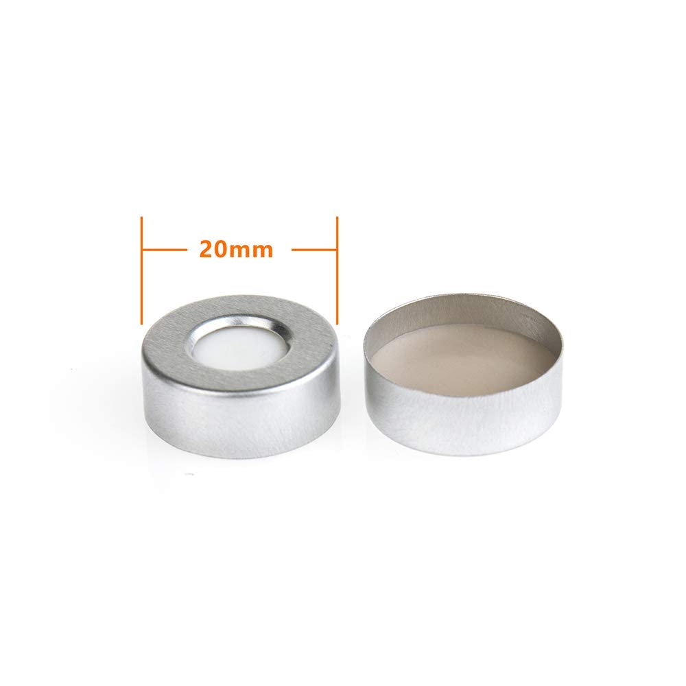 PEKYBIO 20mm, Headspace Vial, 6ml Capacity, Flat Bottom, Beveled Finish, Short Neck, 22x38mm, and Aluminum Crimp Seal with Natural PTFE/White Silicone Septa