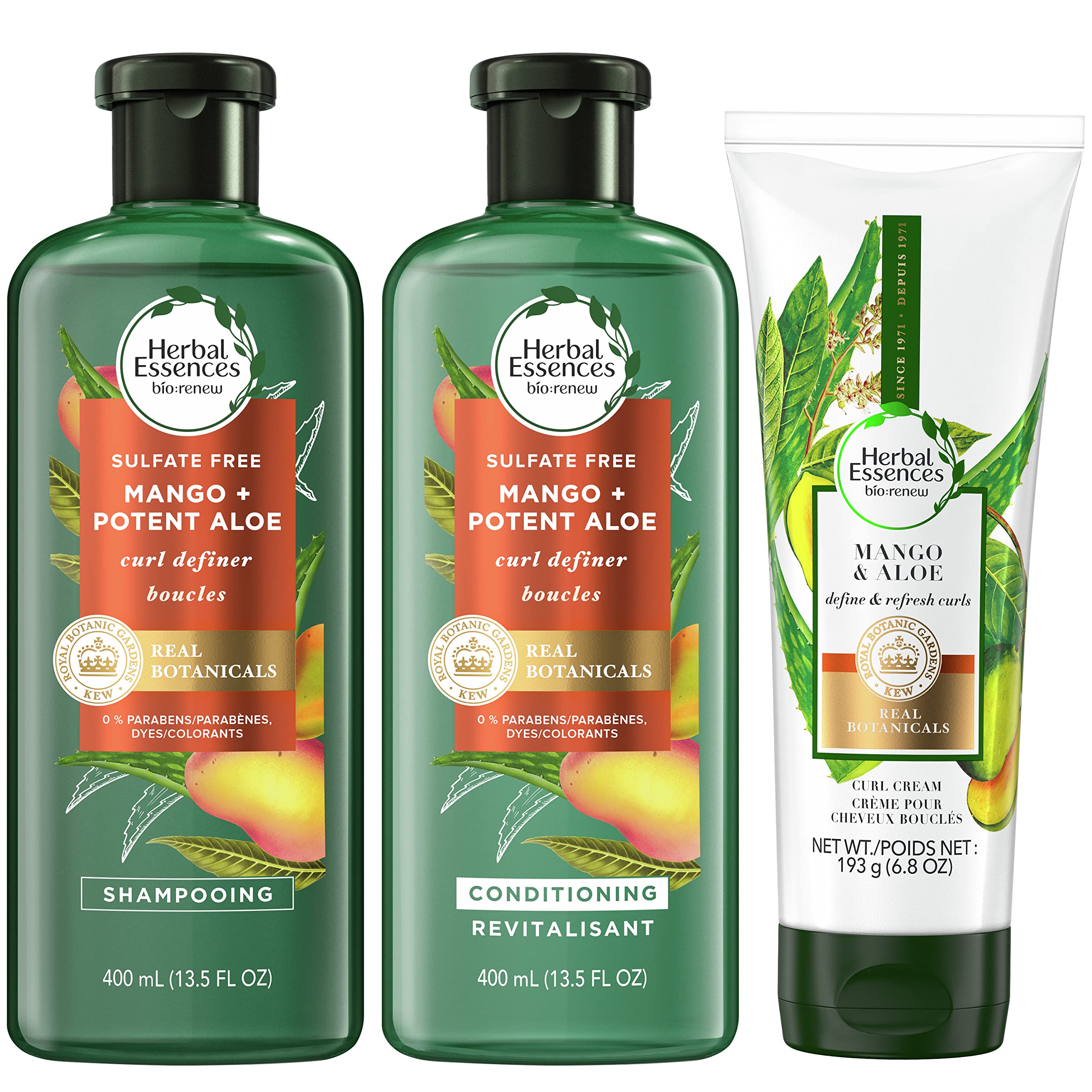 Herbal Essences bio:renew Sulfate Free Shampoo & Conditioner 13.5 Fl Oz each, and Curl Cream 6.8 Fl Oz Set – With Mango + Potent Aloe, Complete Curly Hair Care for Defined Curls