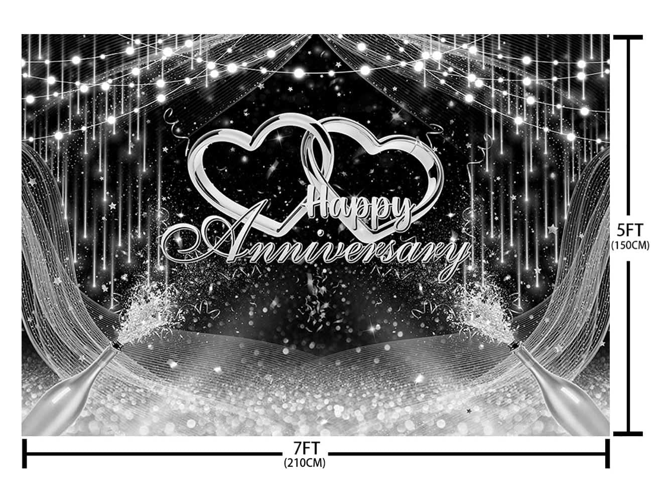 AIBIIN 7x5ft Black and Silver Happy Anniversary Backdrop Silver Glitter Wedding Anniversary Bridal Shower Photography Background Cheers to Wedding Miss to Mrs Party Decorations Banner
