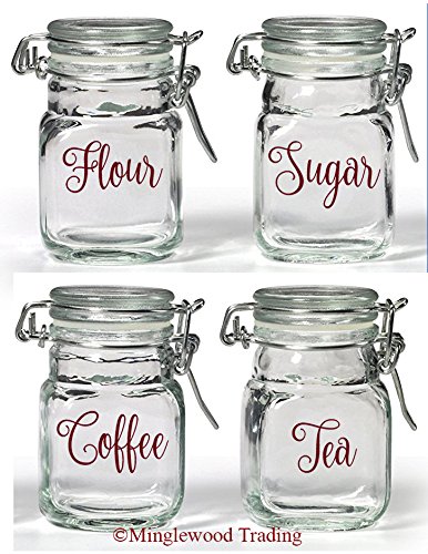 Minglewood Trading Set of 4 Canister Labels Vinyl Stickers Kitchen Flour Sugar Tea Coffee Die Cut Decals Fancy