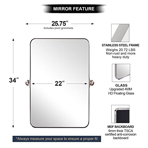 ANDY STAR 22"x34" Brushed Nickel Pivot Mirror for Bathroom, Silver Metal Frame Bathroom Mirrors for Wall,Rectangle Titling Vanity Wall Mirror with Rounded Corner Design Hangs Vertically Only