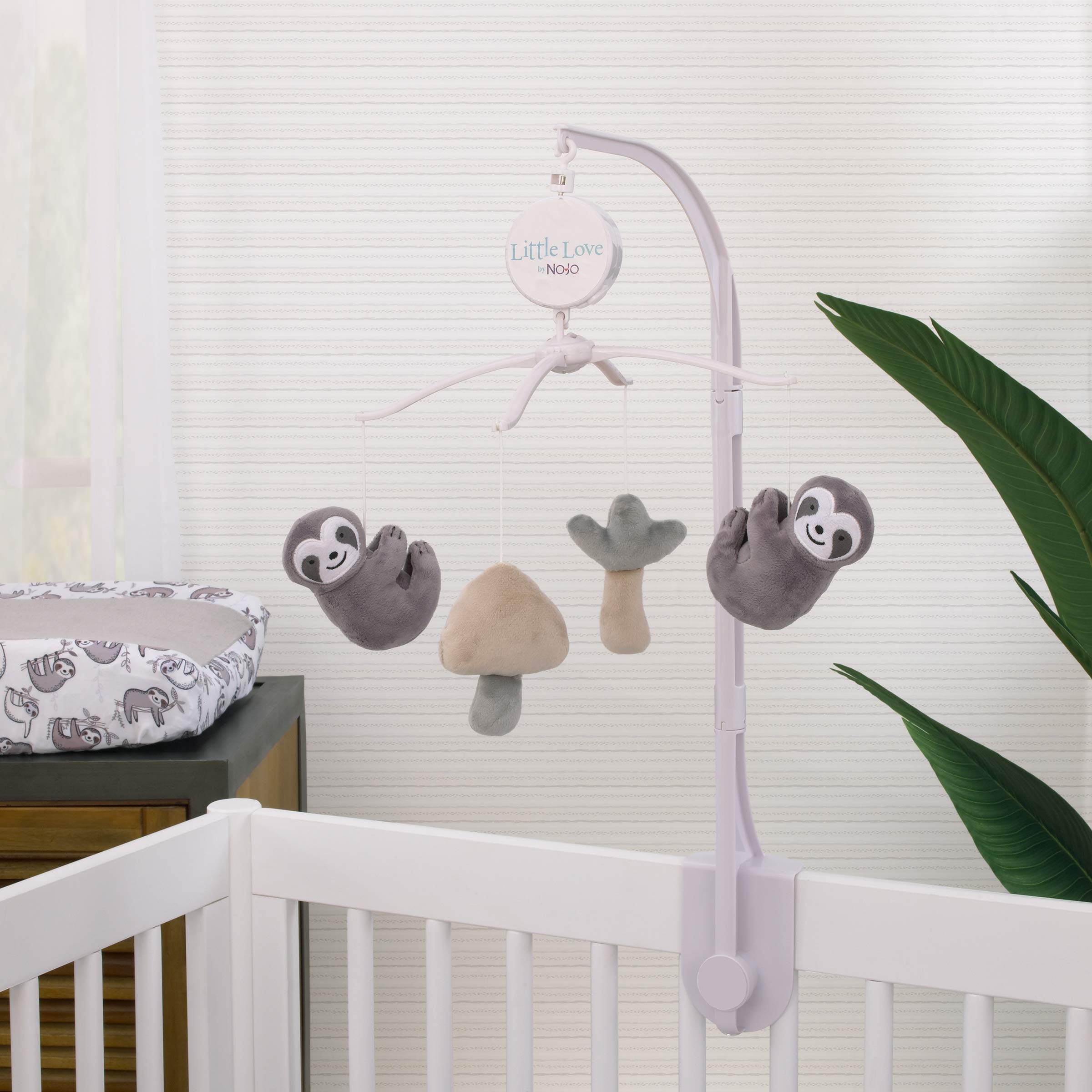 NoJo Little Love Sloth Let's Hang Out Grey and White Musical Mobile with Sloths, Mushrooms and Trees