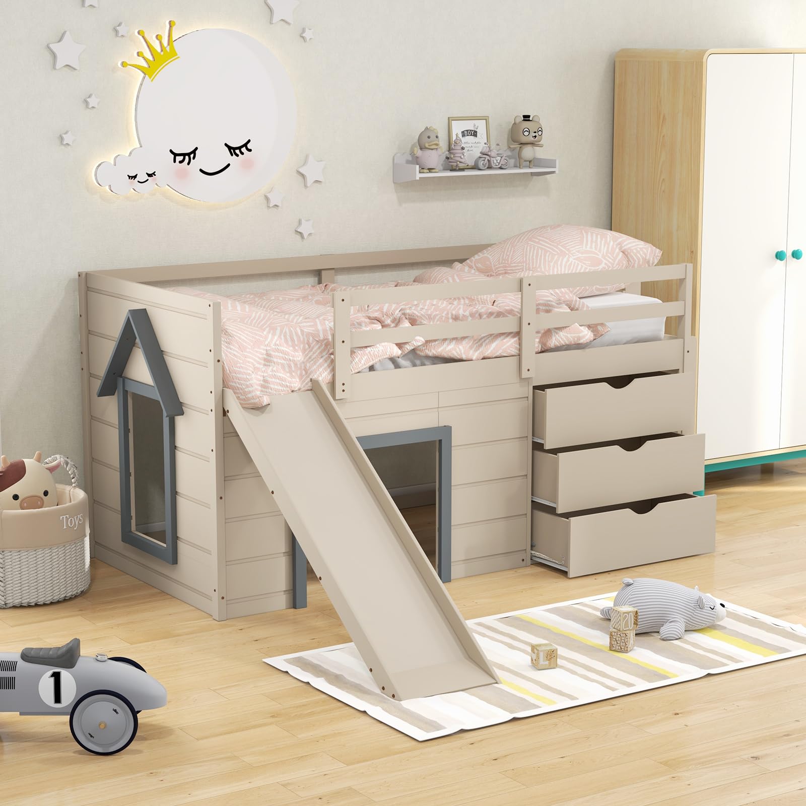 Giantex Twin Low Loft Bed with Slide, Solid Wood Twin Loft Bed with Ladder, 3 Storage Drawers and Bottom Game Space, Kids Bed Frame for Girls Boys, No Box Spring Needed, Sage