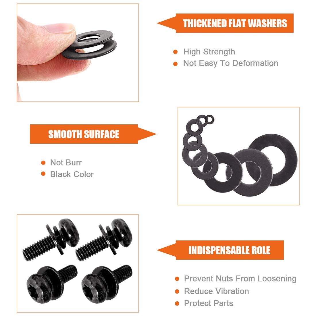 Rustark 550-Pcs [9 Sizes] Black Zinc Plated Alloy Steel Flat Washers Set Hardware Assortment Kit - M2 M2.5 M3 M4 M5 M6 M8 M10 M12