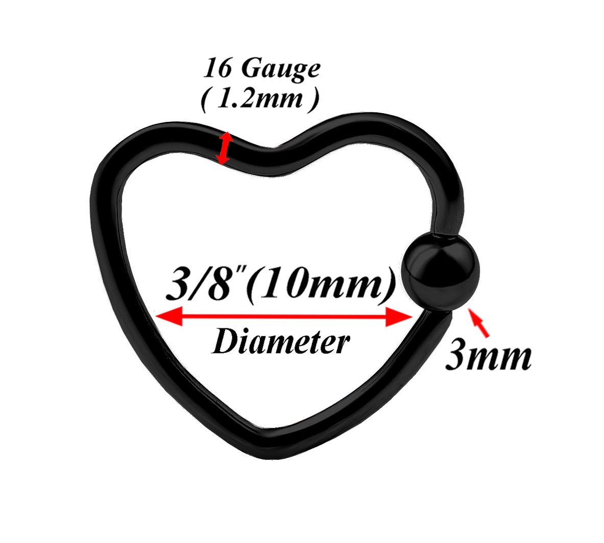 2pcs 16g Heart Hoop Earring CBR Captive Bead Rings Cartilage Daith Rook Helix Anodized Surgical Steel Auricle - Black