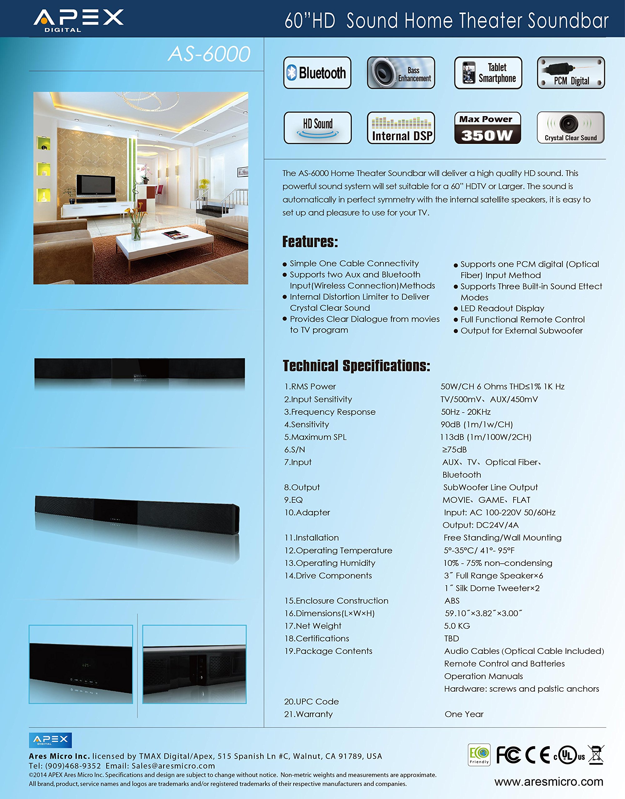 Apex Digital ASB 6000 HD Digital Home Theater Sound Bar, 350W