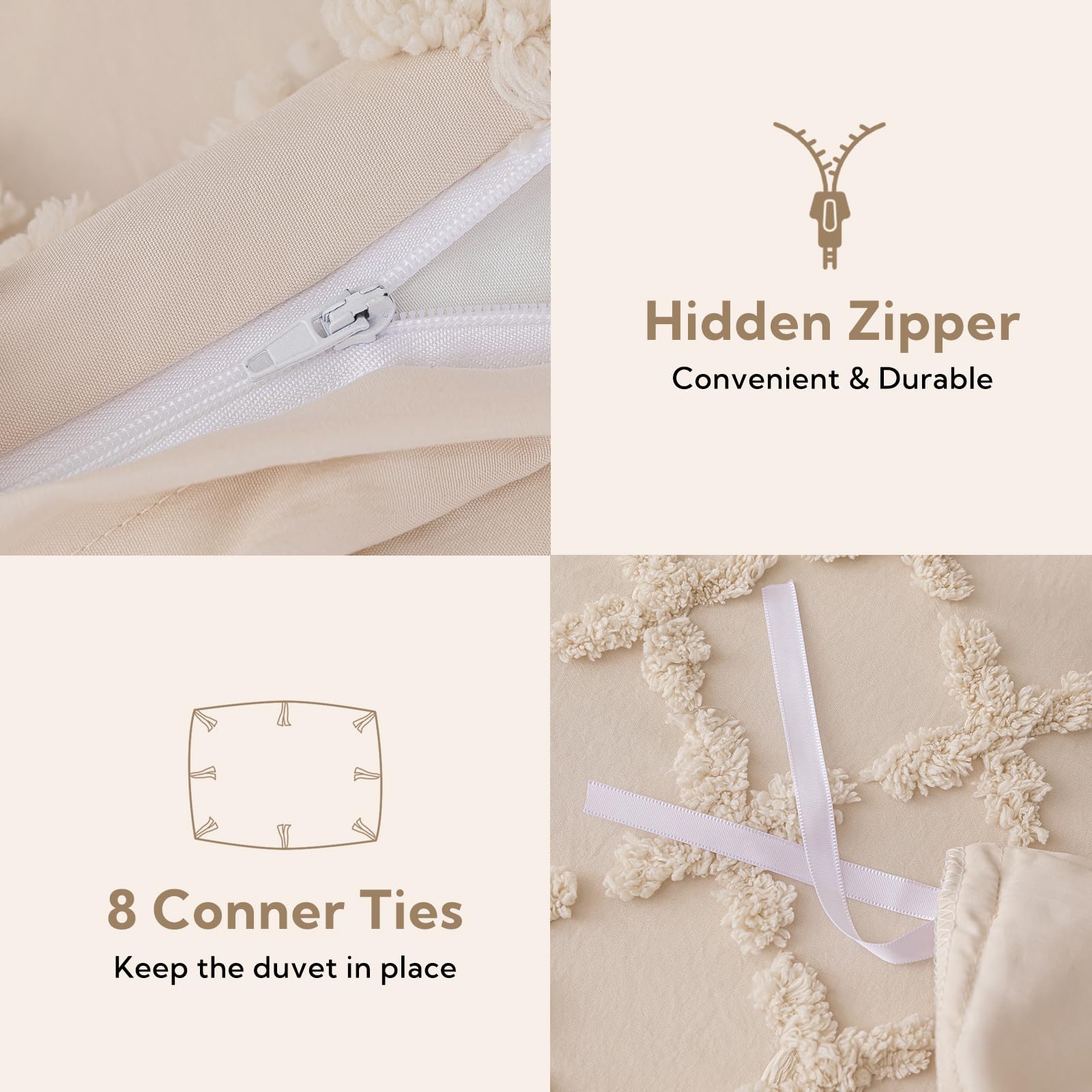 MILDLY Boho Duvet Cover King Size, 3 Pieces Shabby Chic Khaki King Size Comforter Cover for Home, Soft Tufted Duvet Cover with Corner Ties & Zipper Closure-No Comforter