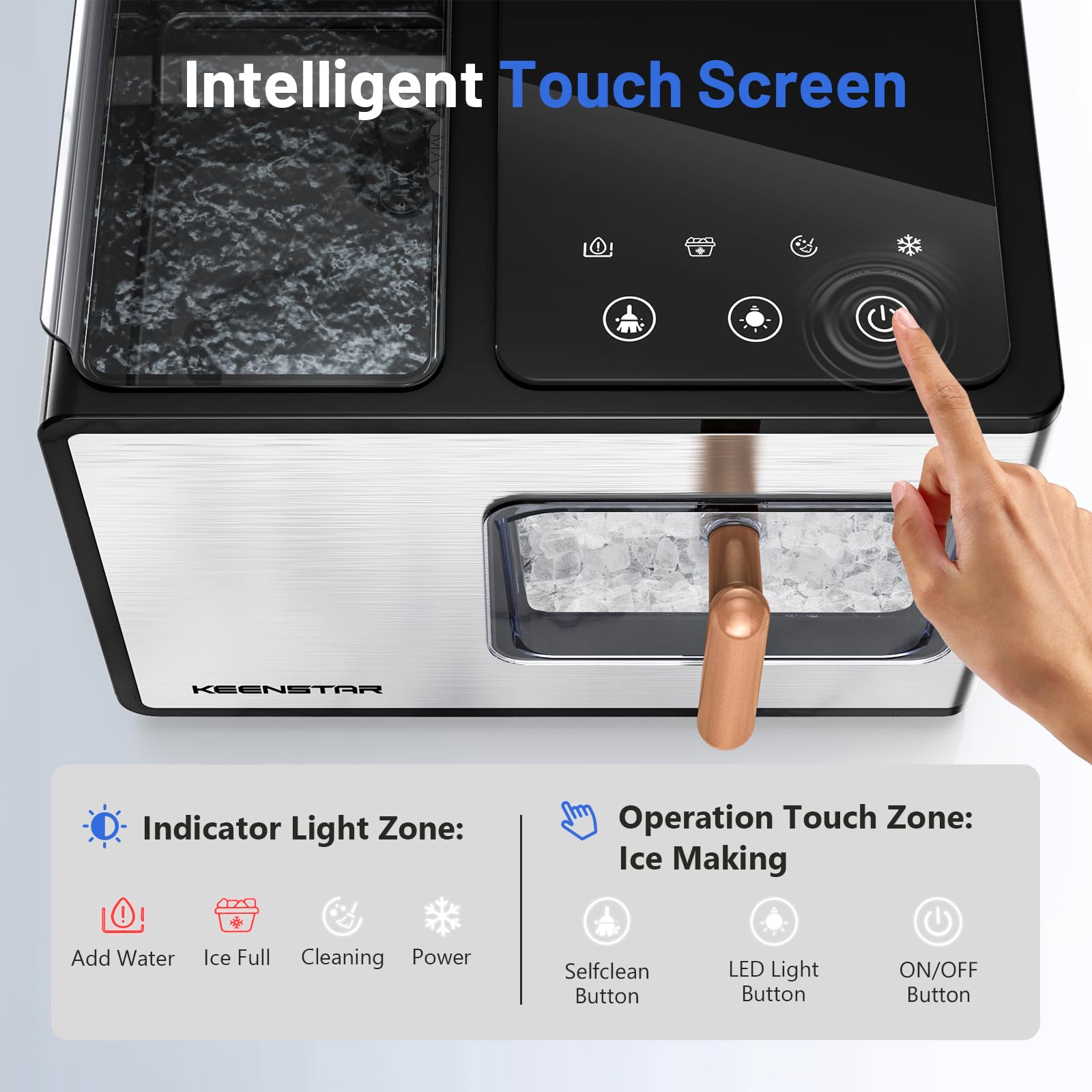 Nugget Ice Maker Countertop, 40lbs/24H, Pebble Ice Maker with Soft Chewable Ice, Self Cleaning Sonic Ice Machine, Stainless Steel w/Touch Screen, Compact Design for Home Office Bar Party-Silver