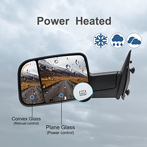 Adanz Towing Mirrors fit for 2009-2018 Dodge Ram 1500 2500 3500 Pickup Truck Power Heated Temperature Sensor Arrow Signal on Glass Puddle Lamp Foldaway