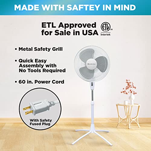 Comfort Zone CZST185WT 18" 3-Speed Oscillating Pedestal Fan with Adjustable Height and Tilt, 90-Degree Oscillation and Quad-Pod Folding Base, White