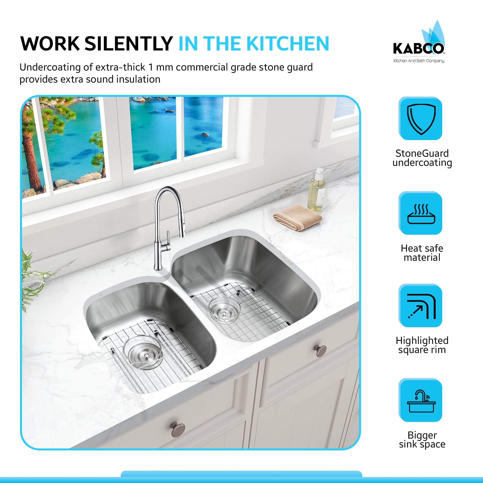 KABCO 32 Inch Double Bowl Stainless Steel Classic Kitchen Sink with Sink Strainers, Removable Garbage Baskets and Sink Grids Sound and Heat Proof 18 Gauge Undermount 40/60 Bowl Swirl Finish Sink