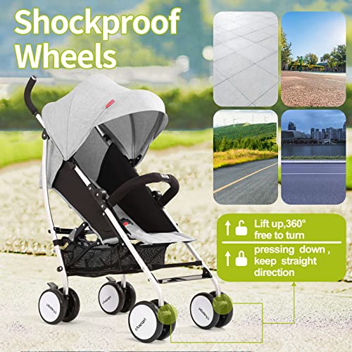 Umbrella Baby Stroller Lightweight Compact Stroller All Terrain Convenience Carriage Stroller Travel Tall Pram for Toddler Big Kids Single Stroller (Bright Grey)