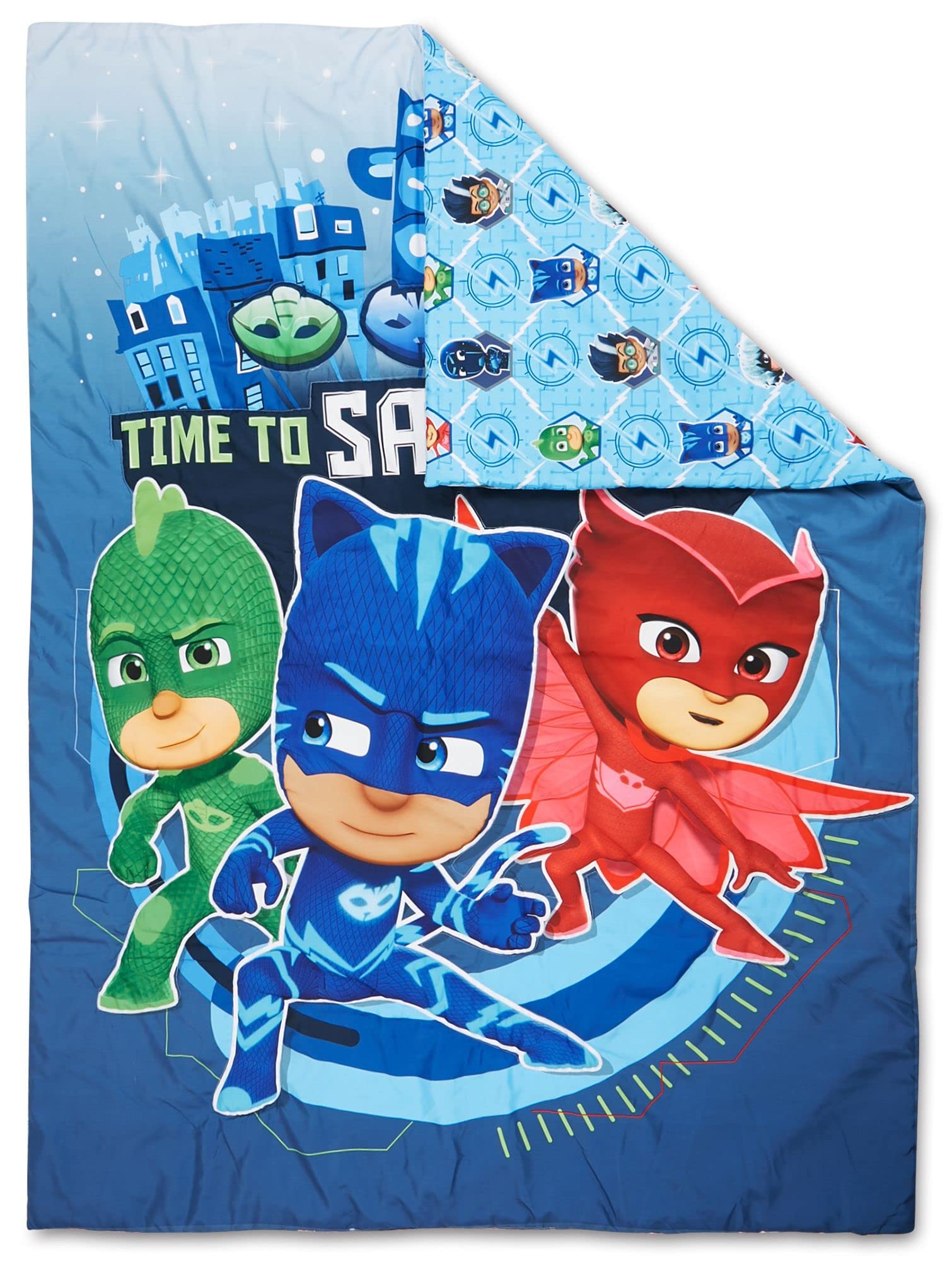 PJ Masks Time to Save The Day 4 Piece Toddler Bedding Set – Includes Comforter, Sheet Set – Fitted and Top + Reversible Pillow for Boys Bed, Blue