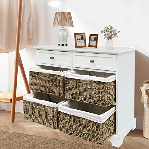 Babion Storage Cabinet with Baskets, Storage Organizer with 2 Drawers and 4 Wicker Baskets, Wicker Dresser with Wooden Tabletop, White Wicker Basket Storage Chest for Closet, Bedroom, Dorm