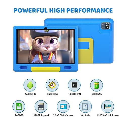 Cheerjoy Kids Tablet 10 inch, Android 12 Tablet for Kids with Parent Control, Kidoz Pre-Installed, 2GB+32GB, 6000mAh Dual Camera WiFi Bluetooth Tablet, Children Tablet with Shock-Proof Case (Blue)