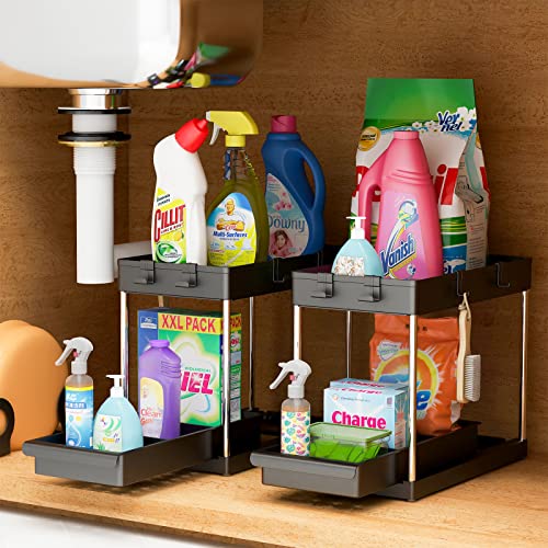BuyBuyQUEEN 2 Pack Under Sink Organizers and Storage,2 Tier Kitchen Sink Organizer,Under the Sink Pull Out Cabinet Organizer with 4 Hooks Sliding Shelf for Bathroom Organization
