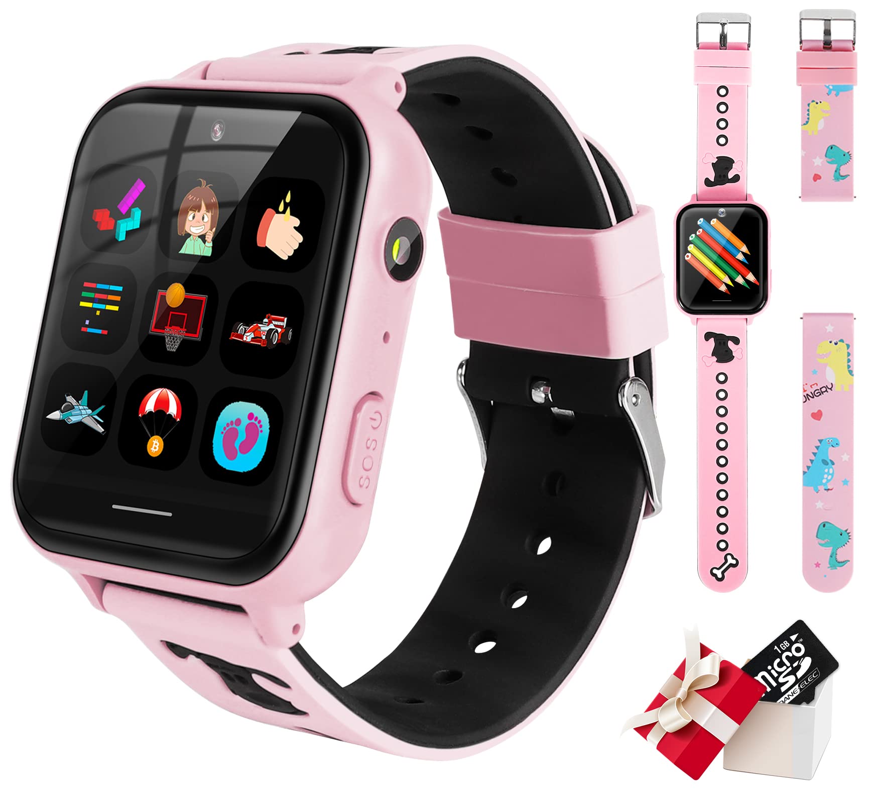 Kids Smart Watch Phone with 10 Games, MP3 Player Music Smartwatch with 2-Way Call Camera Alarm SOS Sports Wrist Watch for 3-14 Boys Girls Christmas Birthday Gifts, Free Dinosaurs Band (Peach Pink)