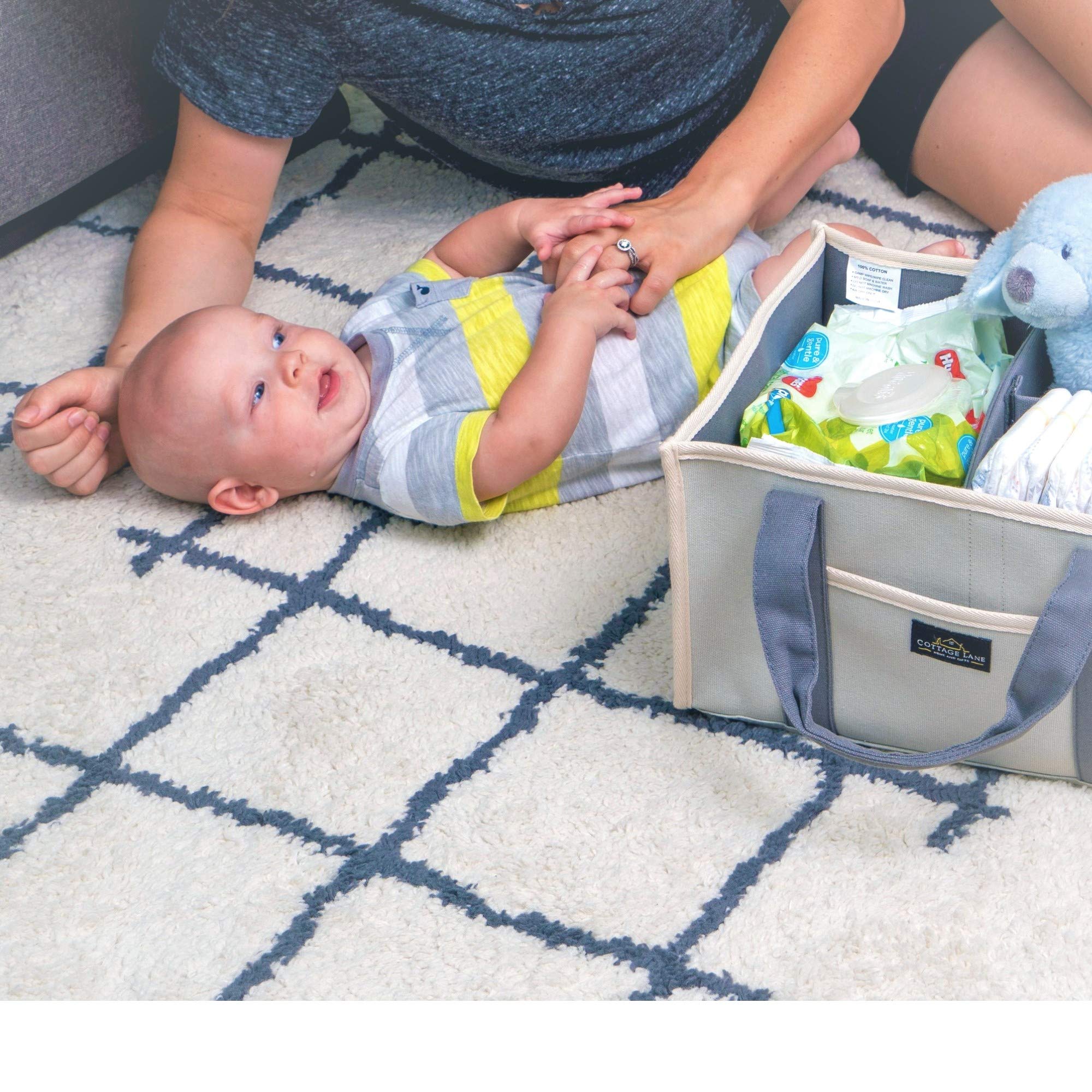 Cottage Lane Hanging Diaper Stacker Plus Caddy, 2 Piece Set, Gray Gender Neutral Cotton Canvas, Stylish Nursery Diaper Organization, Shower Gift