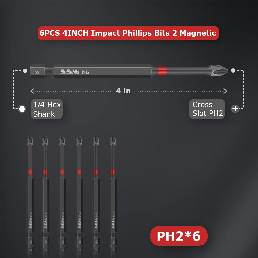 4 inch Magnetic Impact Phillips Bit #2 Insert Bits Anti-Slip Long Phillips Screwdriver Bits Magnetic PH2 1/4 Inch Hex Shank Cross Impact Driver Bit with Case for Power Drill (6PC,100mm)