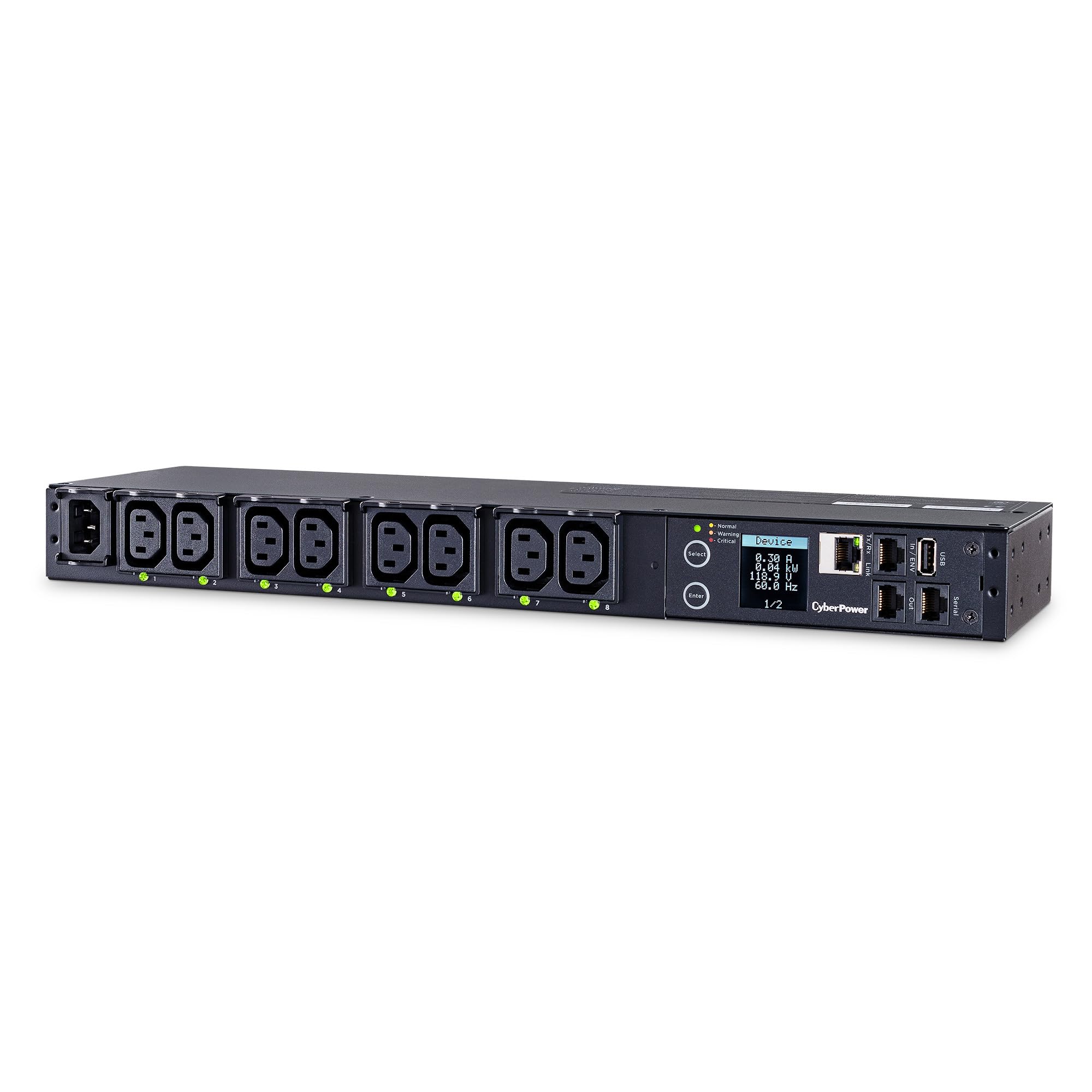 CyberPower PDU41004 Switched PDU, 100-240V/12A, (Derated to 12A UL /10A CE), 8 Outlets (C13), Input (C14) 10 ft. Cord, 1U Rackmount, 3 Year Warranty - Black