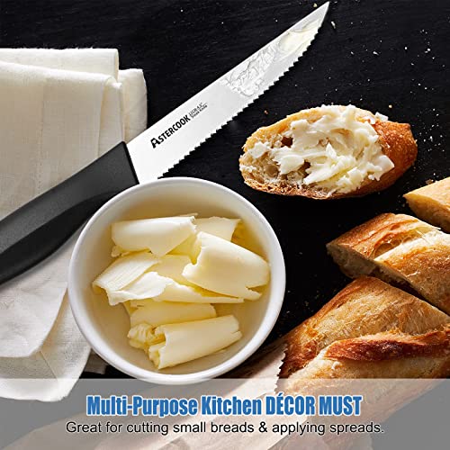 Astercook Steak Knife, Steak Knives Set of 6 with Sheath, Dishwasher Safe High Carbon Stainless Steel Steak Knife with Cover, Black
