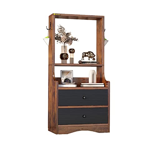 ALISENED 2 Tier Bookshelf, Tall Bookcase with 2 Storage Drawers, Display Standing Shelf Units, Wood Storage Shelf for Living Room, Bedroom, Home Office, Rustic Brown